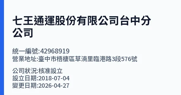 七王通運股份有限公司台中分公司的照片-統編 42968919(臺中市) 公司登記資料與營業項目詳細圖表