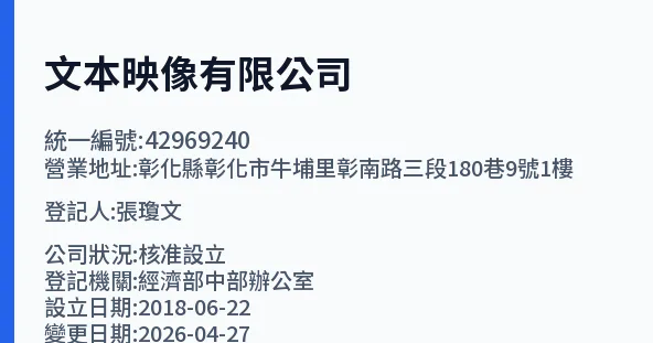文本映像有限公司的照片-統編 42969240(彰化縣) 公司登記資料與營業項目詳細圖表