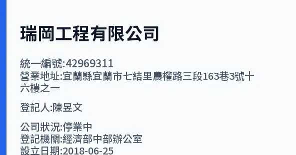 瑞岡工程有限公司的照片-統編 42969311(宜蘭縣) 公司登記資料與營業項目詳細圖表