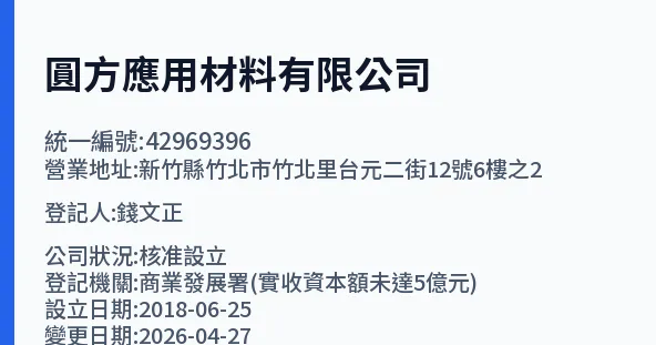 圓方應用材料有限公司的照片-統編 42969396(新竹縣) 公司登記資料與營業項目詳細圖表