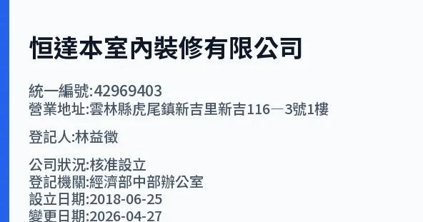 恒達本室內裝修有限公司的照片-統編 42969403(雲林縣) 公司登記資料與營業項目詳細圖表