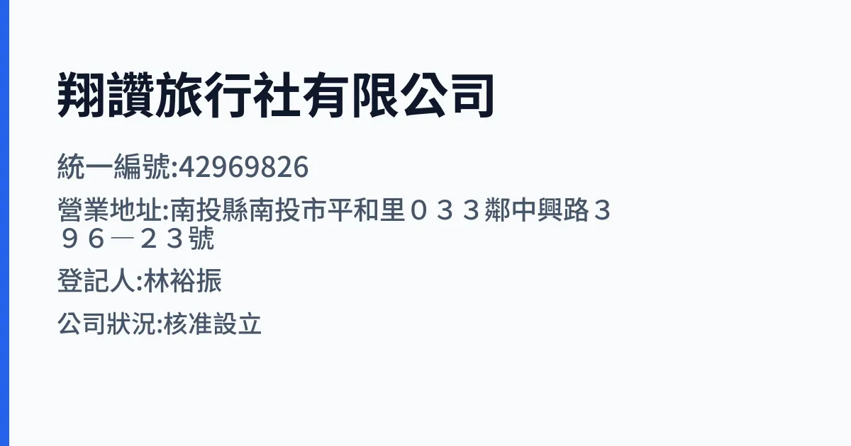 翔讚旅行社有限公司 - 統編 42969826(南投縣) 公司登記資料與營業項目詳細圖表