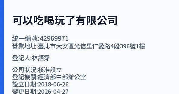 可以吃喝玩了有限公司的照片-統編 42969971(臺北市) 公司登記資料與營業項目詳細圖表