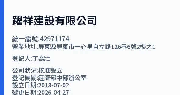 躍祥建設有限公司的照片-統編 42971174(屏東縣) 公司登記資料與營業項目詳細圖表
