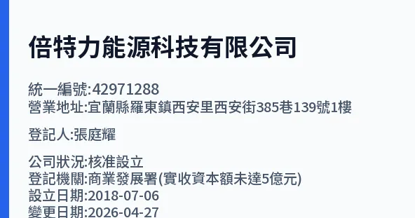 倍特力能源科技有限公司的照片-統編 42971288(宜蘭縣) 公司登記資料與營業項目詳細圖表