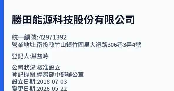 勝田能源科技股份有限公司的照片-統編 42971392(南投縣) 公司登記資料與營業項目詳細圖表