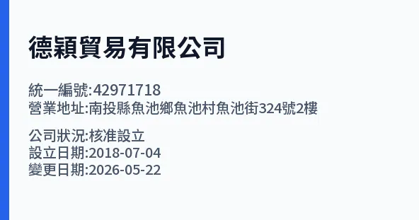 德穎貿易有限公司的照片-統編 42971718(南投縣) 公司登記資料與營業項目詳細圖表