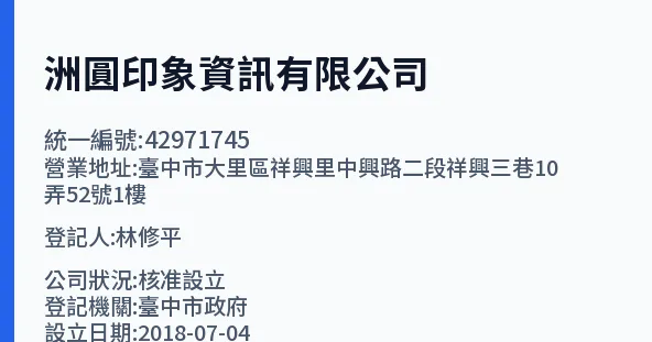 洲圓印象資訊有限公司的照片-統編 42971745(臺中市) 公司登記資料與營業項目詳細圖表