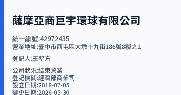 薩摩亞商巨宇環球有限公司的照片-統編 42972435(臺中市) 公司登記資料與營業項目詳細圖表