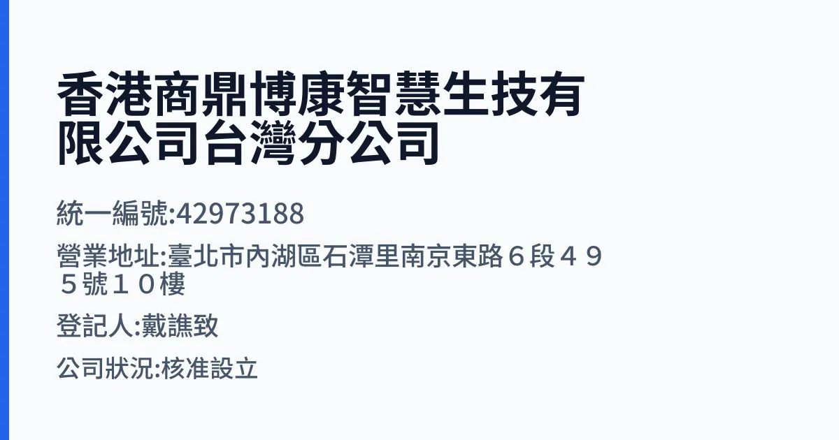 香港商鼎博康智慧生技有限公司台灣分公司 - 統編 42973188(臺北市) 公司登記資料與營業項目詳細圖表