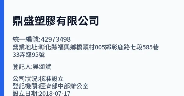 鼎盛塑膠有限公司的照片-統編 42973498(彰化縣) 公司登記資料與營業項目詳細圖表