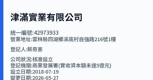 津滿實業有限公司的照片-統編 42973933(雲林縣) 公司登記資料與營業項目詳細圖表