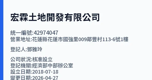 宏霖土地開發有限公司的照片-統編 42974047(花蓮縣) 公司登記資料與營業項目詳細圖表