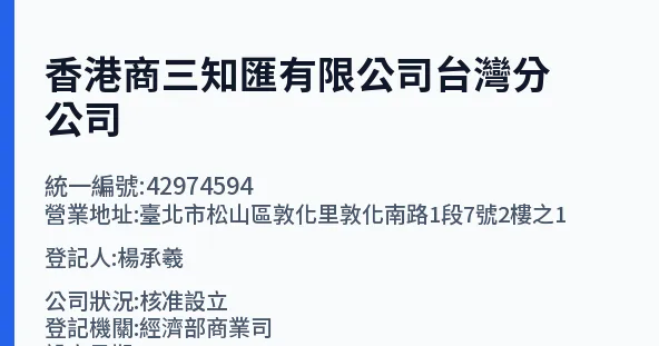 香港商三知匯有限公司台灣分公司的照片-統編 42974594(臺北市) 公司登記資料與營業項目詳細圖表
