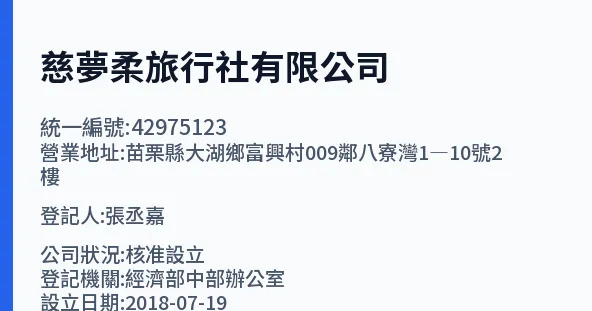慈夢柔旅行社有限公司的照片-統編 42975123(苗栗縣) 公司登記資料與營業項目詳細圖表