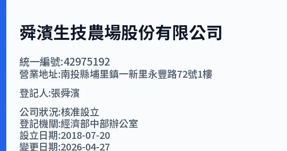 舜濱生技農場股份有限公司的照片-統編 42975192(南投縣) 公司登記資料與營業項目詳細圖表