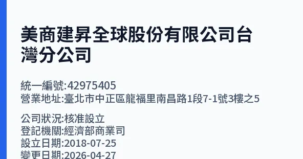 美商建昇全球股份有限公司台灣分公司的照片-統編 42975405(臺北市) 公司登記資料與營業項目詳細圖表
