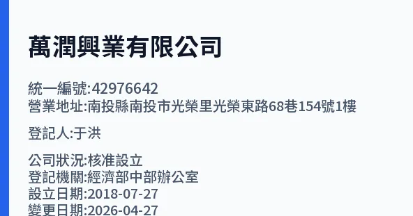 萬潤興業有限公司的照片-統編 42976642(南投縣) 公司登記資料與營業項目詳細圖表