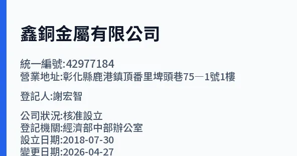 鑫銅金屬有限公司的照片-統編 42977184(彰化縣) 公司登記資料與營業項目詳細圖表