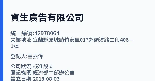 資生廣告有限公司的照片-統編 42978064(宜蘭縣) 公司登記資料與營業項目詳細圖表