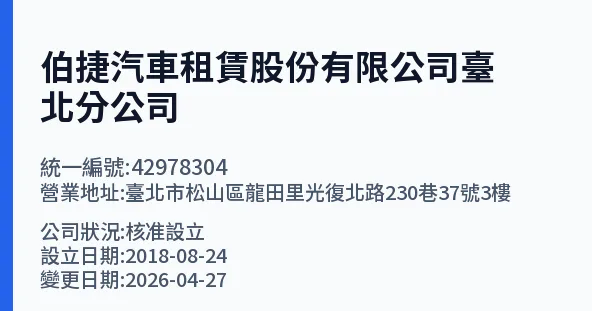 伯捷汽車租賃股份有限公司臺北分公司的照片-統編 42978304(臺北市) 公司登記資料與營業項目詳細圖表