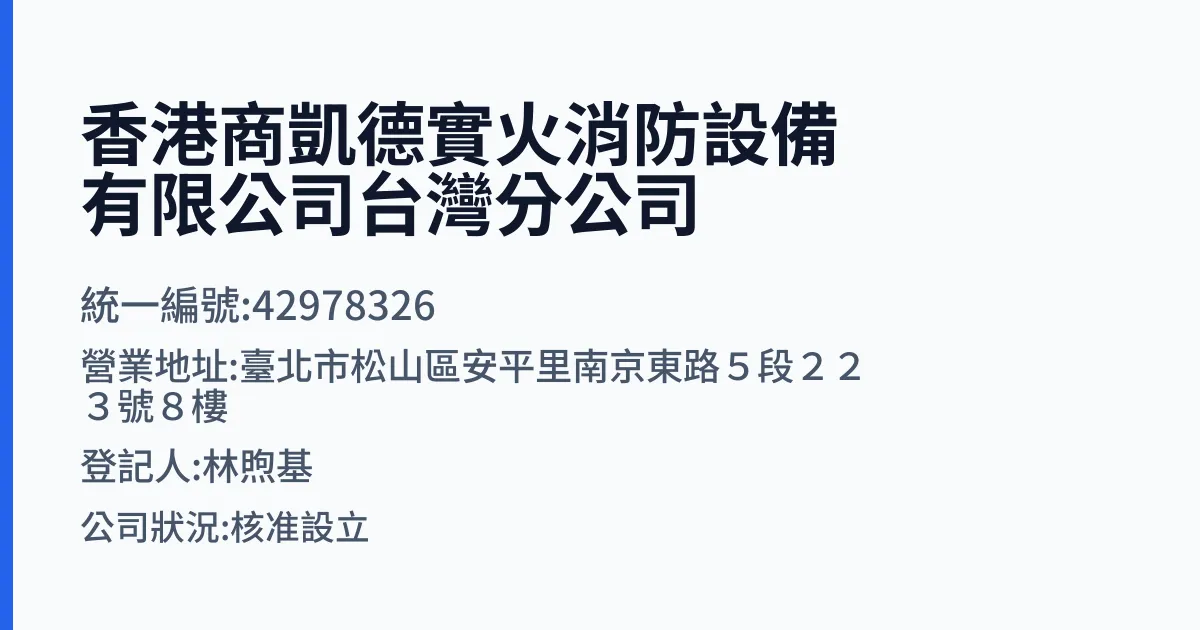 香港商凱德實火消防設備有限公司台灣分公司 - 統編 42978326(臺北市) 公司登記資料與營業項目詳細圖表