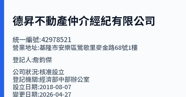 德昇不動產仲介經紀有限公司的照片-統編 42978521(基隆市) 公司登記資料與營業項目詳細圖表