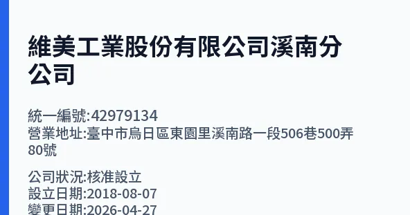 維美工業股份有限公司溪南分公司的照片-統編 42979134(臺中市) 公司登記資料與營業項目詳細圖表