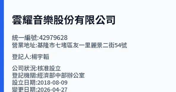 雲耀音樂股份有限公司的照片-統編 42979628(基隆市) 公司登記資料與營業項目詳細圖表
