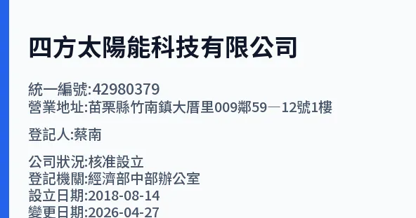 四方太陽能科技有限公司的照片-統編 42980379(苗栗縣) 公司登記資料與營業項目詳細圖表