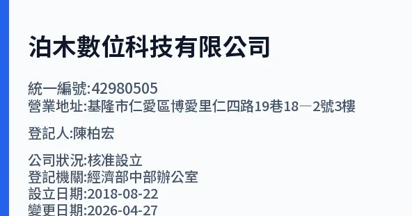 泊木數位科技有限公司的照片-統編 42980505(基隆市) 公司登記資料與營業項目詳細圖表