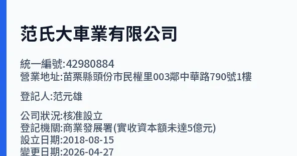 范氏大車業有限公司的照片-統編 42980884(苗栗縣) 公司登記資料與營業項目詳細圖表
