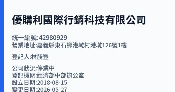 優購利國際行銷科技有限公司的照片-統編 42980929(嘉義縣) 公司登記資料與營業項目詳細圖表
