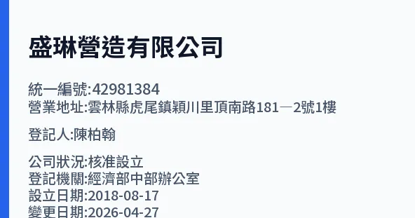 盛琳營造有限公司的照片-統編 42981384(雲林縣) 公司登記資料與營業項目詳細圖表