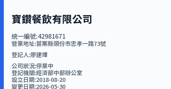 寶鑽餐飲有限公司的照片-統編 42981671(苗栗縣) 公司登記資料與營業項目詳細圖表