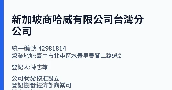 新加坡商哈威有限公司台灣分公司的照片-統編 42981814(臺中市) 公司登記資料與營業項目詳細圖表
