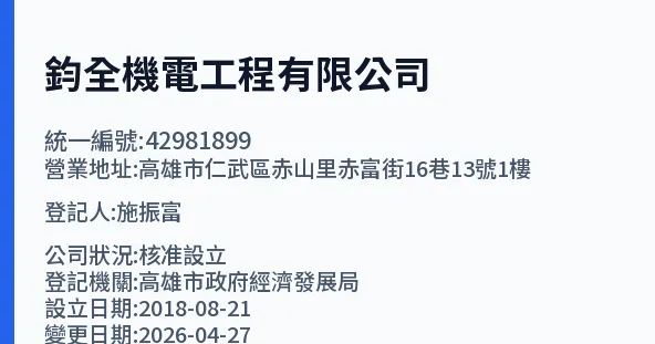 鈞全機電工程有限公司的照片-統編 42981899(高雄市) 公司登記資料與營業項目詳細圖表