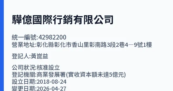 驊億國際行銷有限公司的照片-統編 42982200(彰化縣) 公司登記資料與營業項目詳細圖表