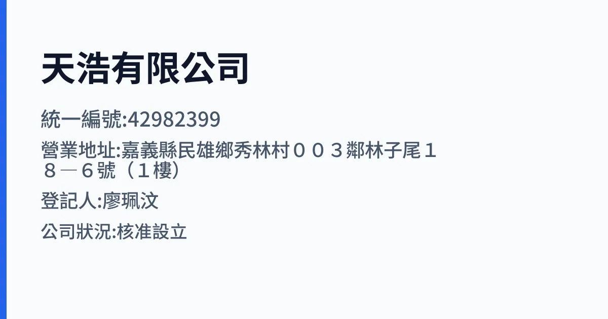 天浩有限公司 - 統編 42982399(嘉義縣) 公司登記資料與營業項目詳細圖表