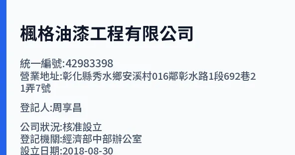 楓格油漆工程有限公司的照片-統編 42983398(彰化縣) 公司登記資料與營業項目詳細圖表