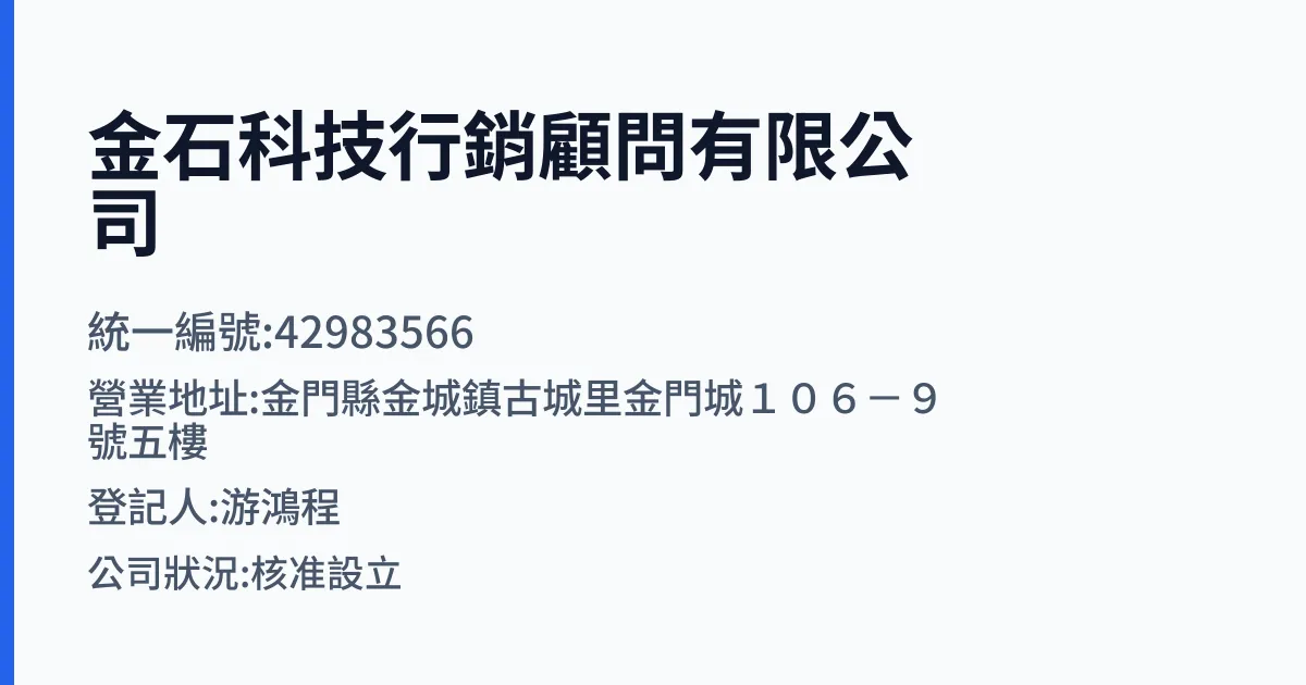 金石科技行銷顧問有限公司 - 統編 42983566(金門縣) 公司登記資料與營業項目詳細圖表