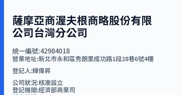 薩摩亞商渥夫根商略股份有限公司台灣分公司的照片-統編 42984018(新北市) 公司登記資料與營業項目詳細圖表