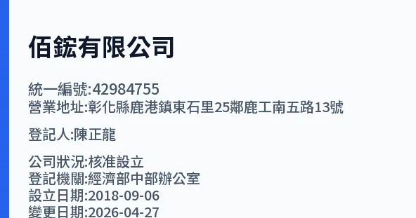 佰鋐有限公司的照片-統編 42984755(彰化縣) 公司登記資料與營業項目詳細圖表