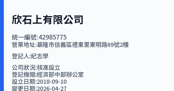 欣石上有限公司的照片-統編 42985775(基隆市) 公司登記資料與營業項目詳細圖表