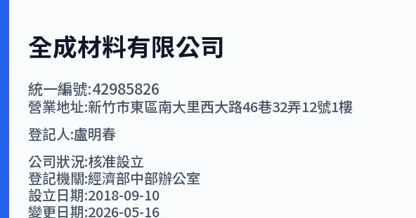 全成材料有限公司的照片-統編 42985826(新竹市) 公司登記資料與營業項目詳細圖表