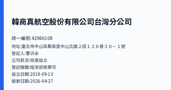 韓商真航空股份有限公司台灣分公司的照片-統編 42986108(臺北市) 公司登記資料與營業項目詳細圖表