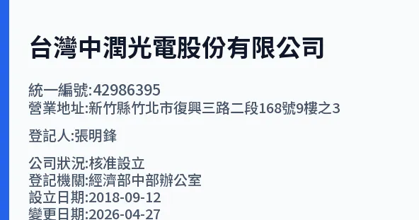 台灣中潤光電股份有限公司的照片-統編 42986395(新竹縣) 公司登記資料與營業項目詳細圖表