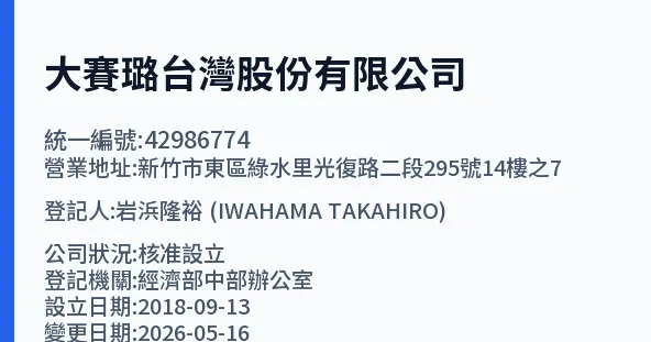 大賽璐台灣股份有限公司的照片-統編 42986774(新竹市) 公司登記資料與營業項目詳細圖表