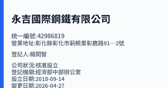 永吉國際鋼鐵有限公司的照片-統編 42986819(彰化縣) 公司登記資料與營業項目詳細圖表