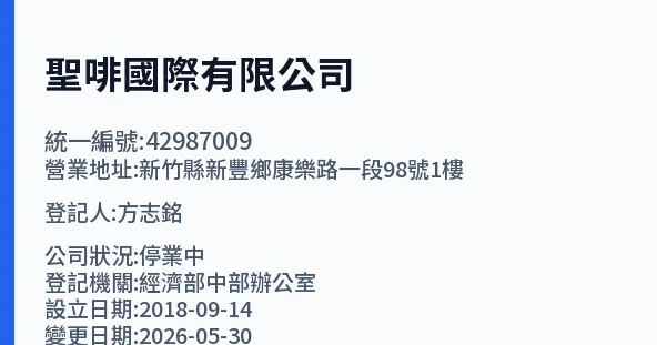 聖啡國際有限公司的照片-統編 42987009(新竹縣) 公司登記資料與營業項目詳細圖表